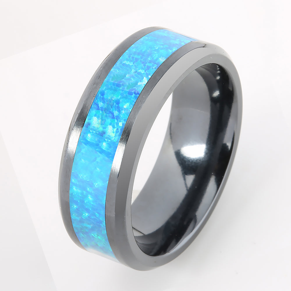 Black Titanium Opal Inlaid Beveled Edge Wedding Ring 8mm – Nakoa